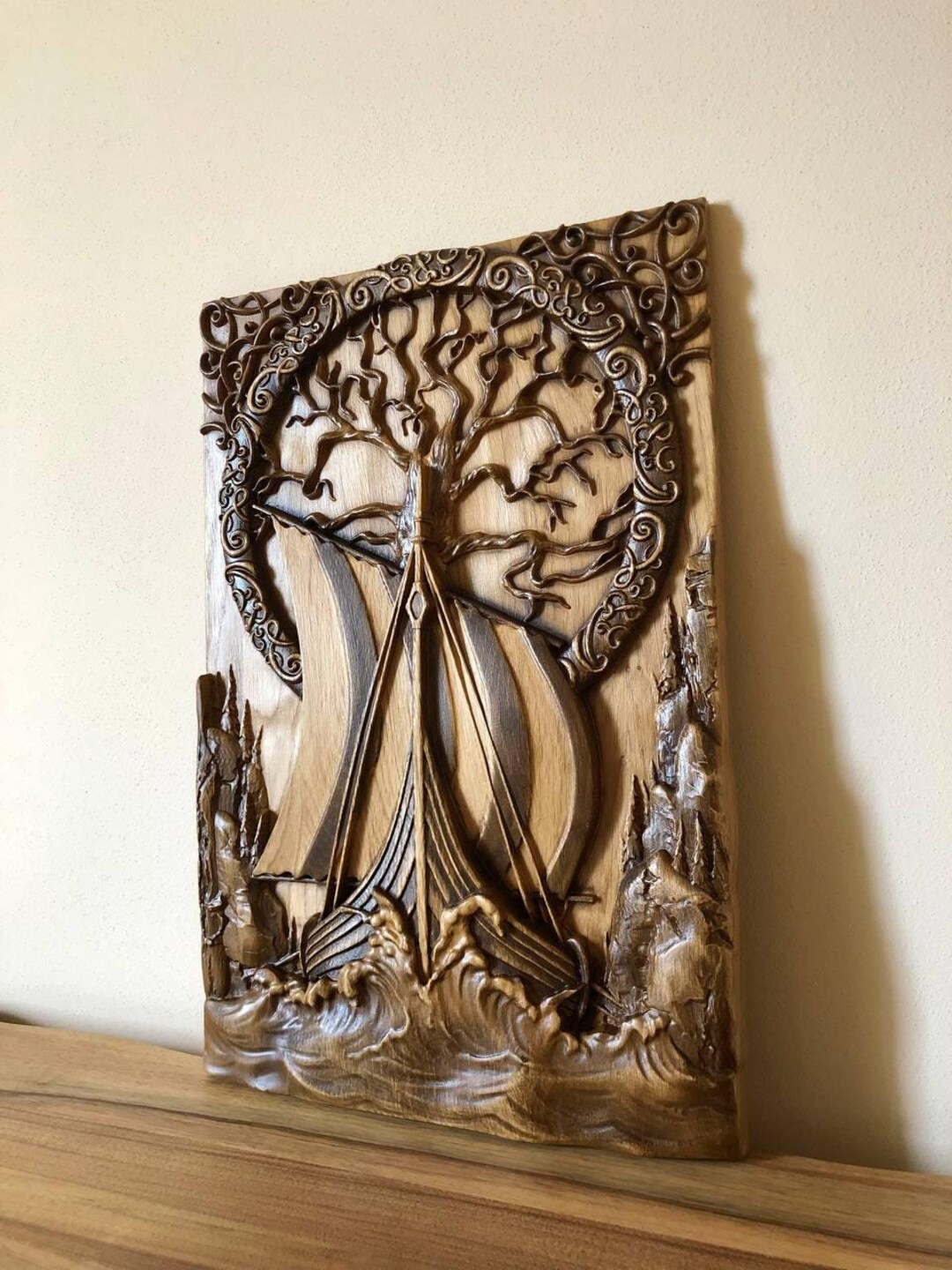 Viking Ship, Tree of Life, Wooden Carved Picture Oak Scandinavion ...