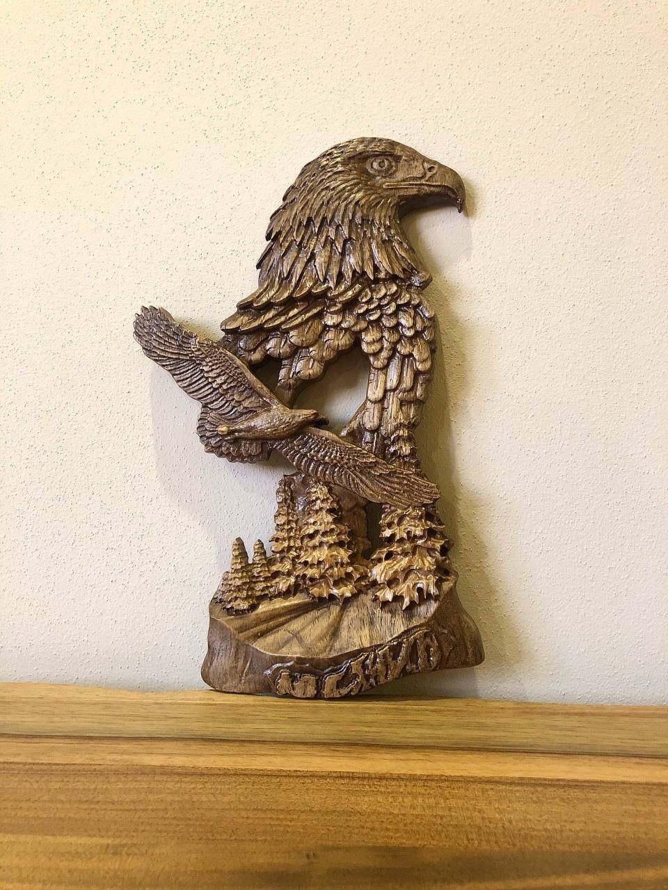 Wooden Carved Eagle, Wall Wood Decor From Oak, American Bald Eagle ...