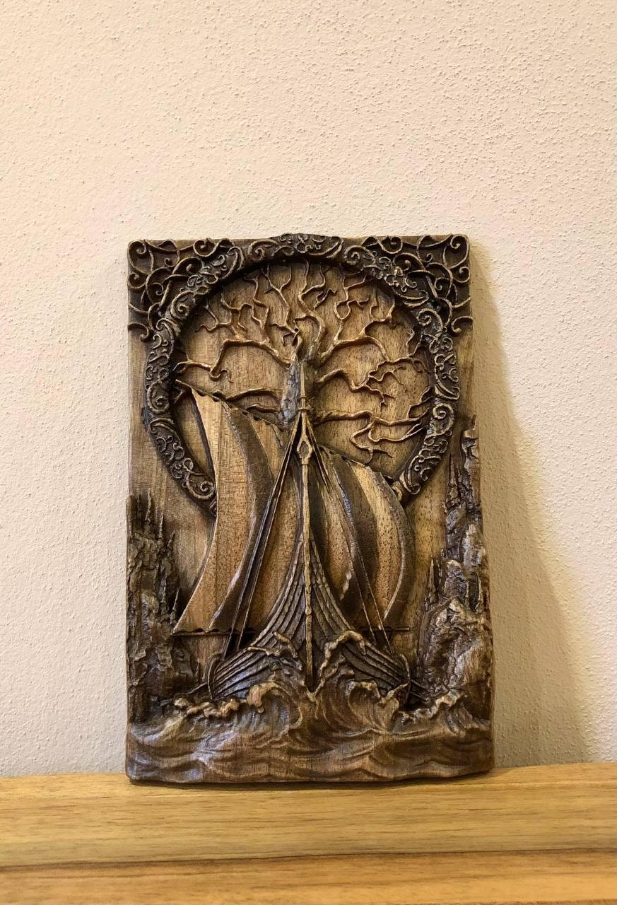 Viking Ship, Tree of Life, Wooden Carved Picture Oak Scandinavion ...