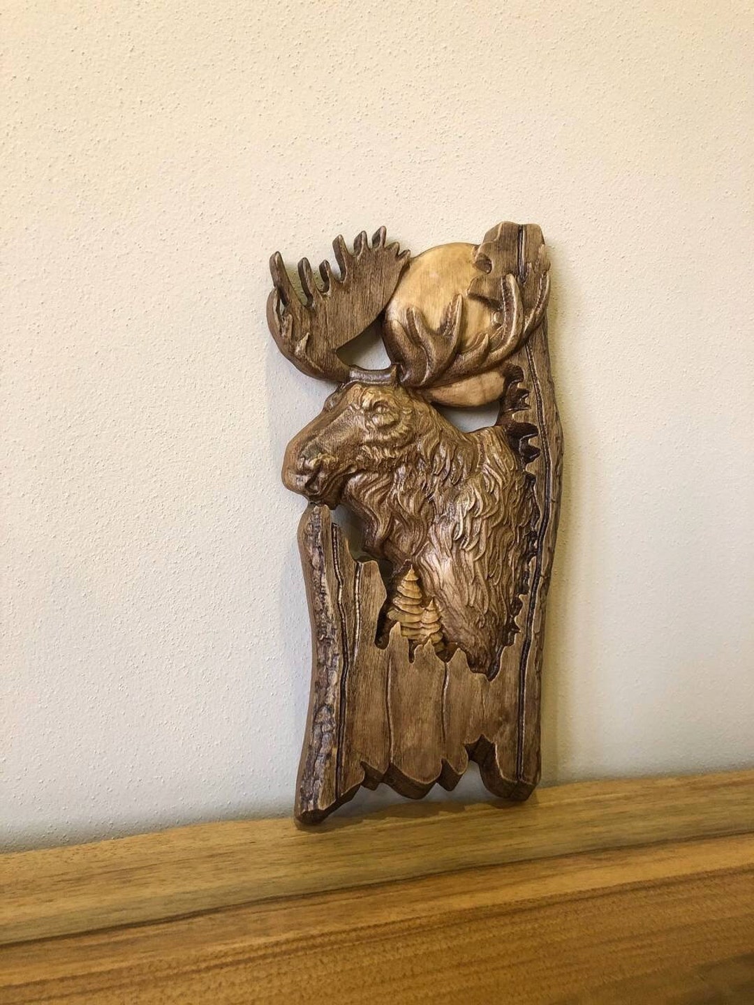 Wooden Carved Moose With Moon, Elk Decor, Carved Moose Head Elk Wild ...