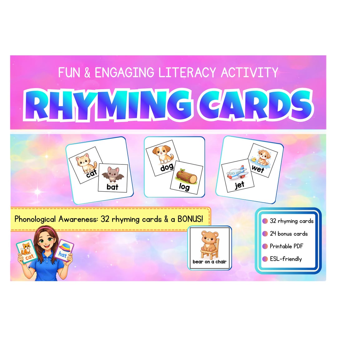 Rhyming Word Cards | Pre-k Literacy Game (printable PDF) - Etsy
