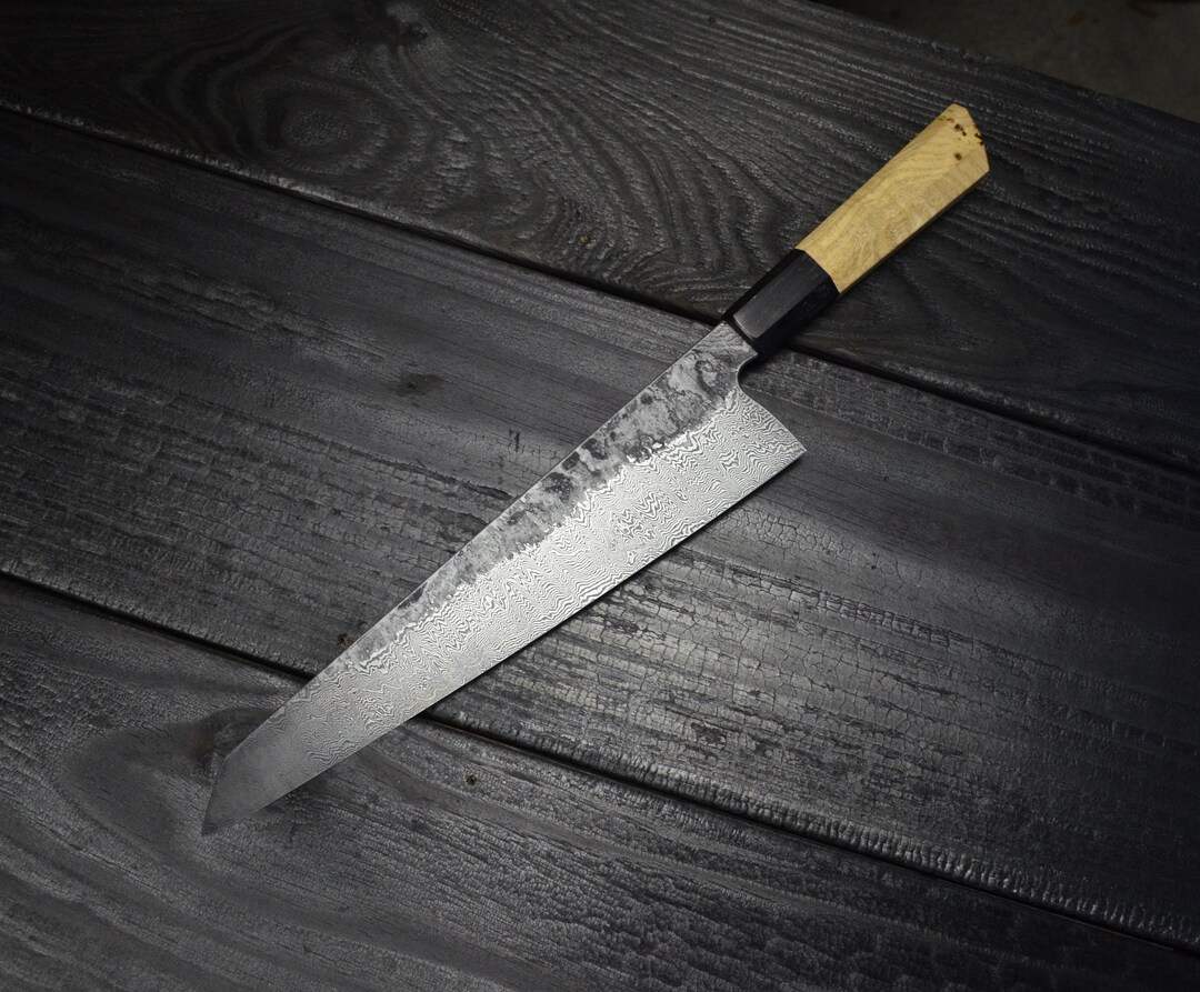 Kiritsuke 235mm in 120-layer Damascus, Handle in Stabilized Knotty Ash ...