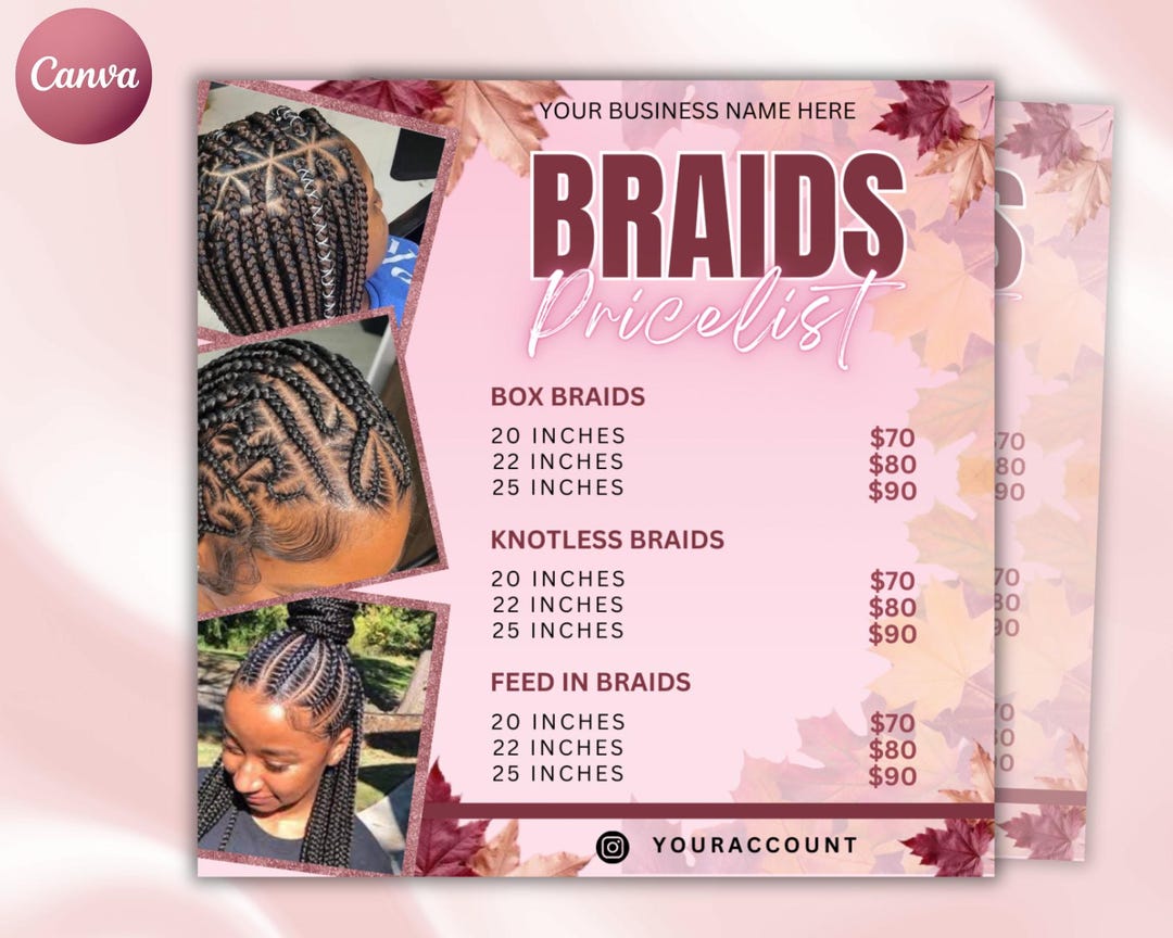 Fall Braids Price List Flyer Template, Braids Price List Flyer, Braids ...