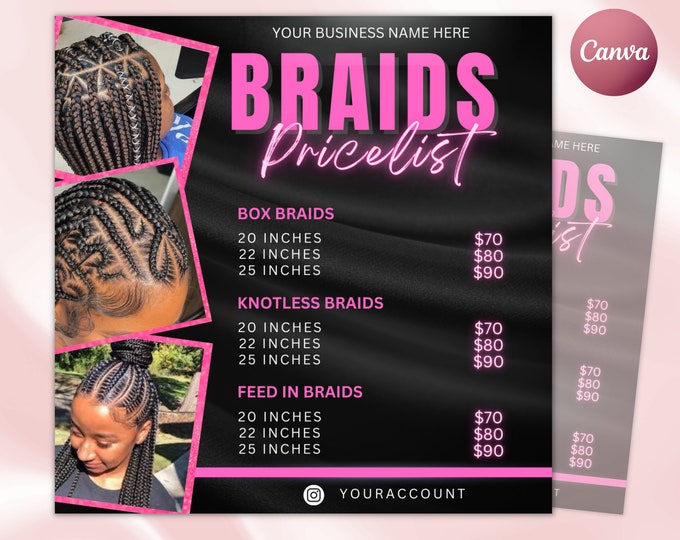 Braids Price List Flyer Templates Beauty Salon Hair Stylist Pricing DIY ...