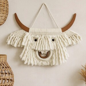 Handmade Macrame Highland Cow Wall Hanging Decor Yarn Bull Head Wooden ...