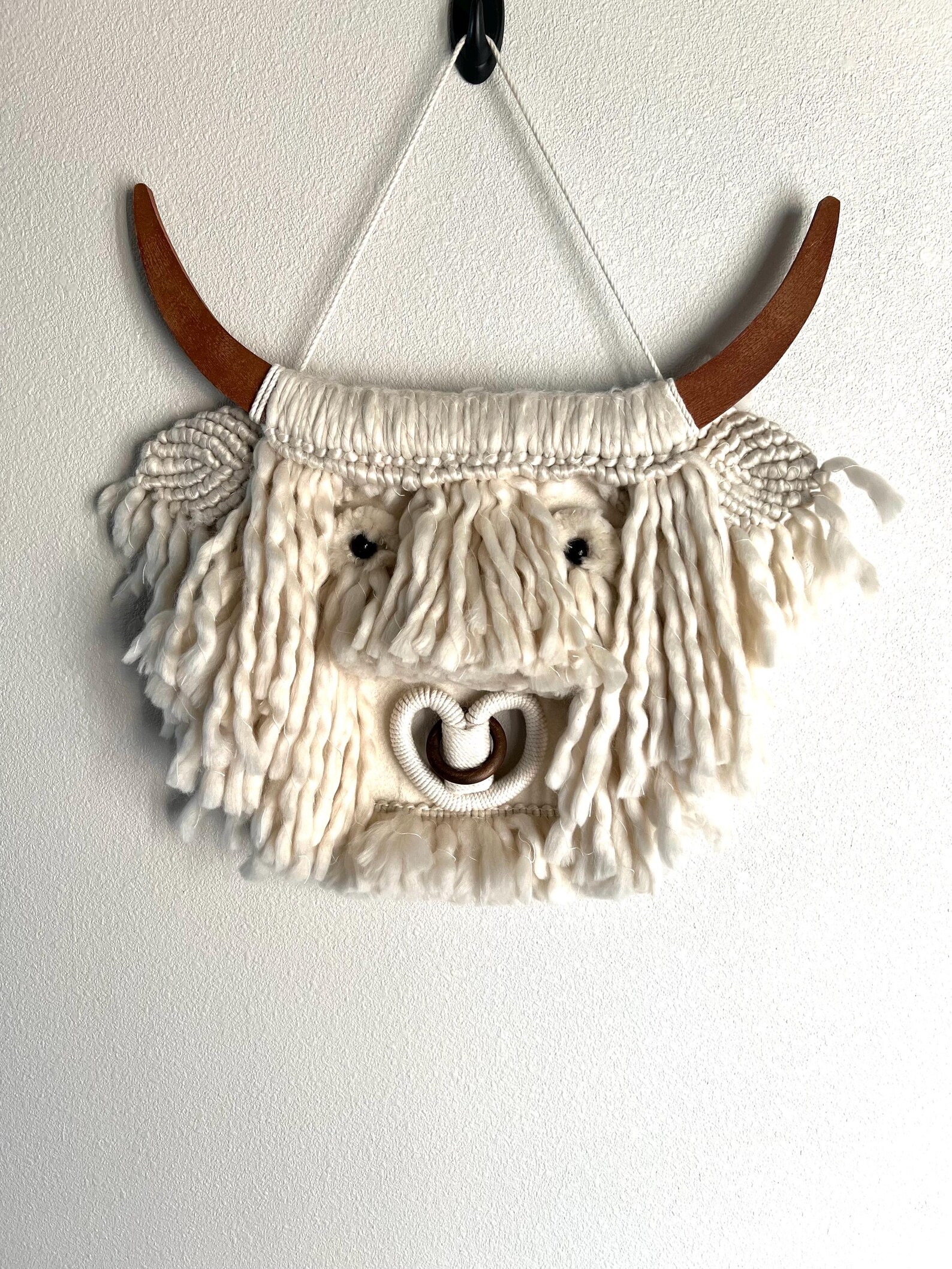 Handmade Macrame Highland Cow Wall Hanging Decor Yarn Bull Head Wooden ...