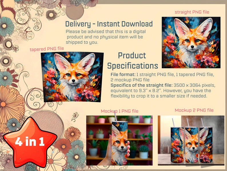 Realistic Fox Fennec Drawing Sublimation Design Template Skinny Tumbler ...