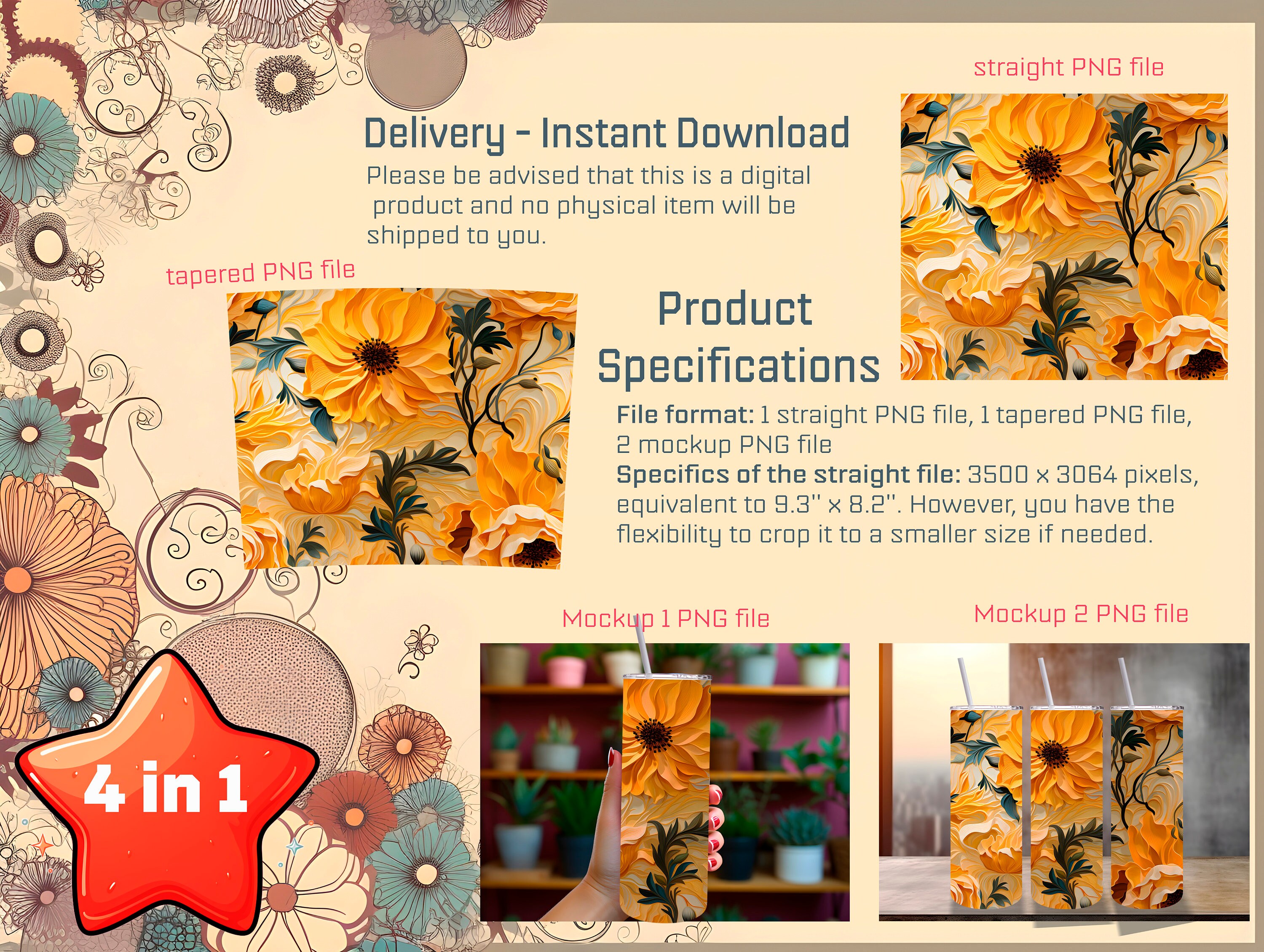 Seamless Yellow Flower Pattern Sublimation Design Template Skinny ...