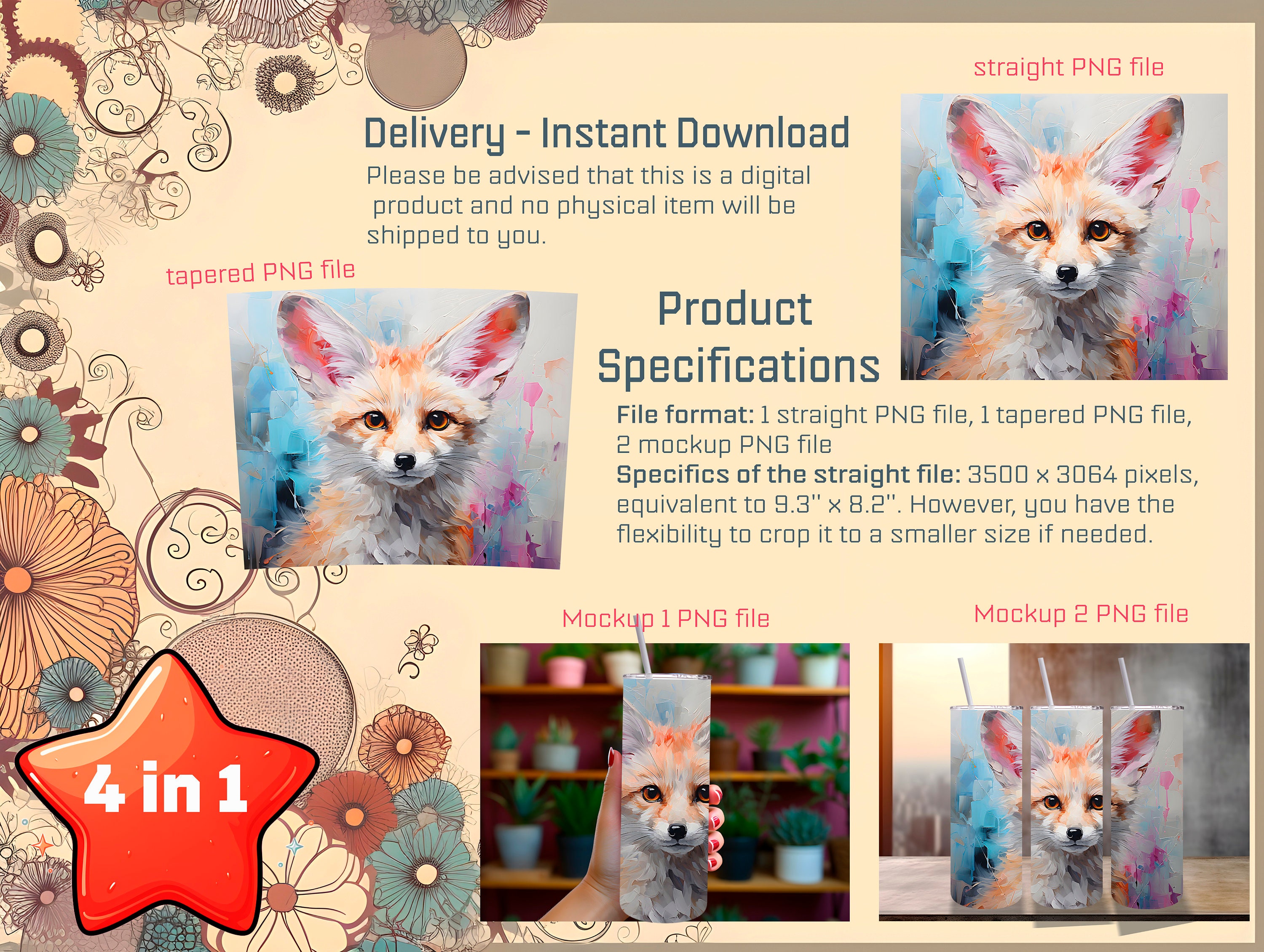 Cute Fennec Sublimation Design Template Skinny Tumbler Digital Download ...