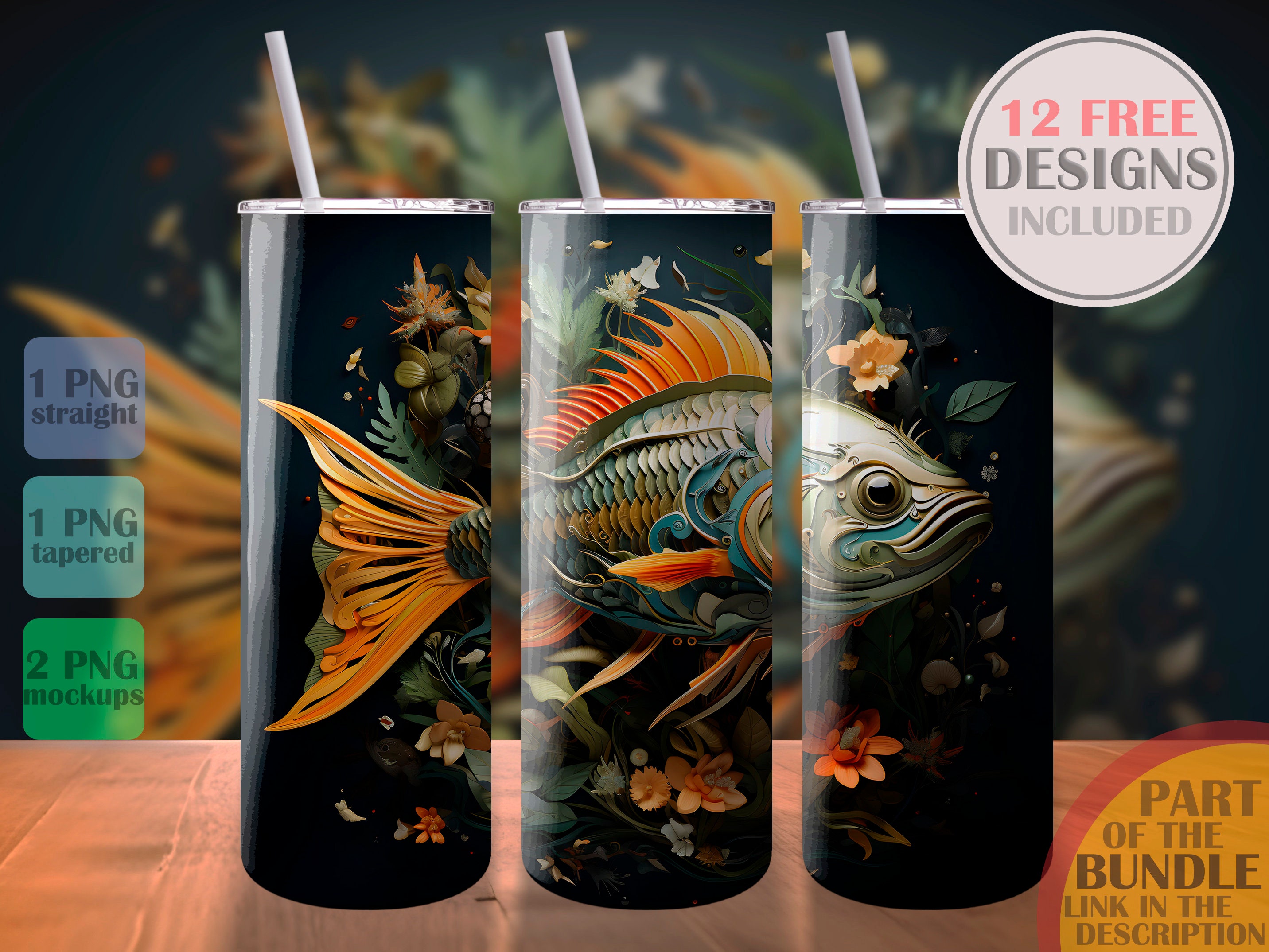 Vibrant Paper Fish Sublimation Design Tumbler 20oz Skinny Template ...