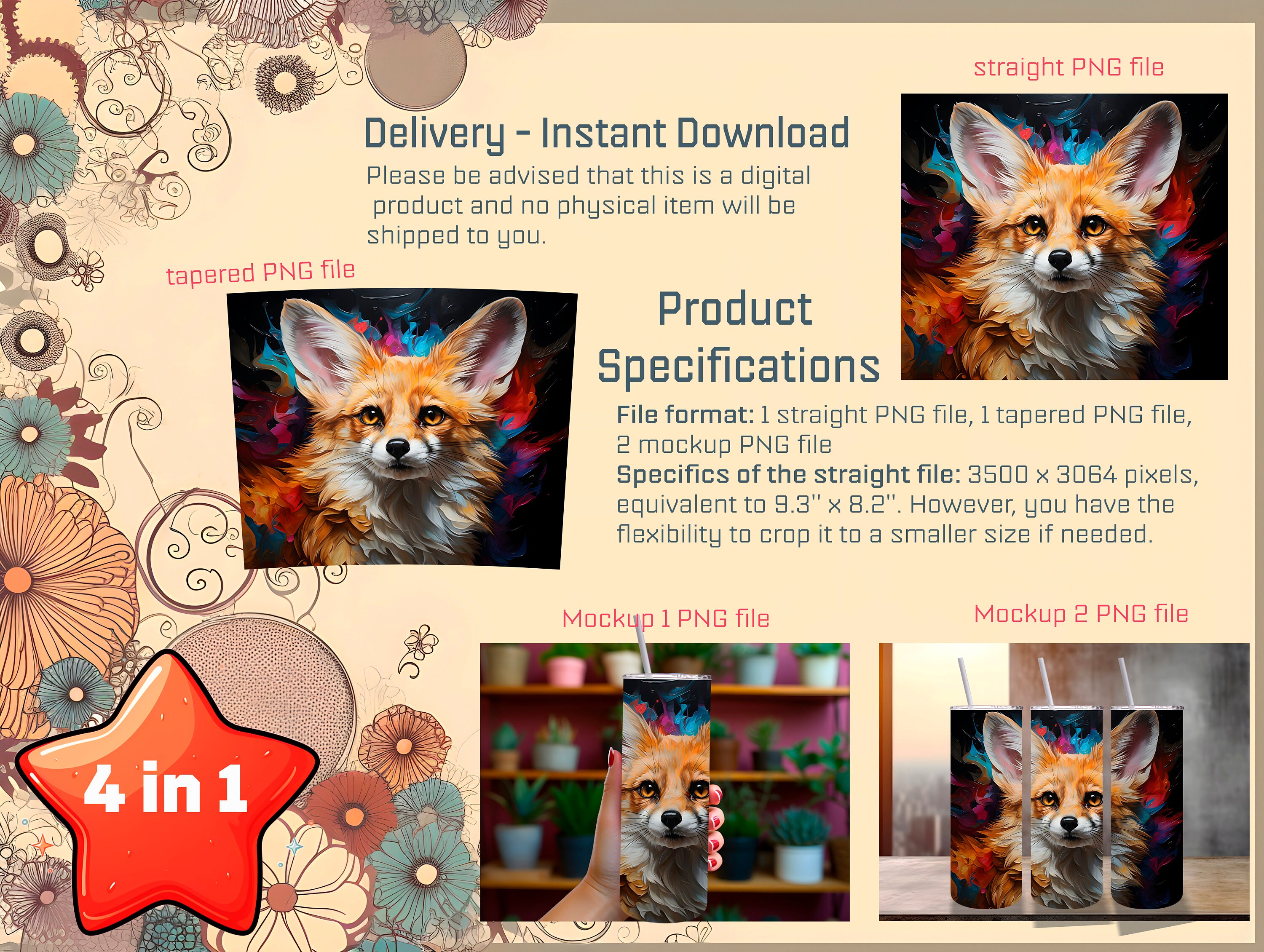 Cute Fennec Sublimation Design Template Skinny Tumbler Digital Download ...