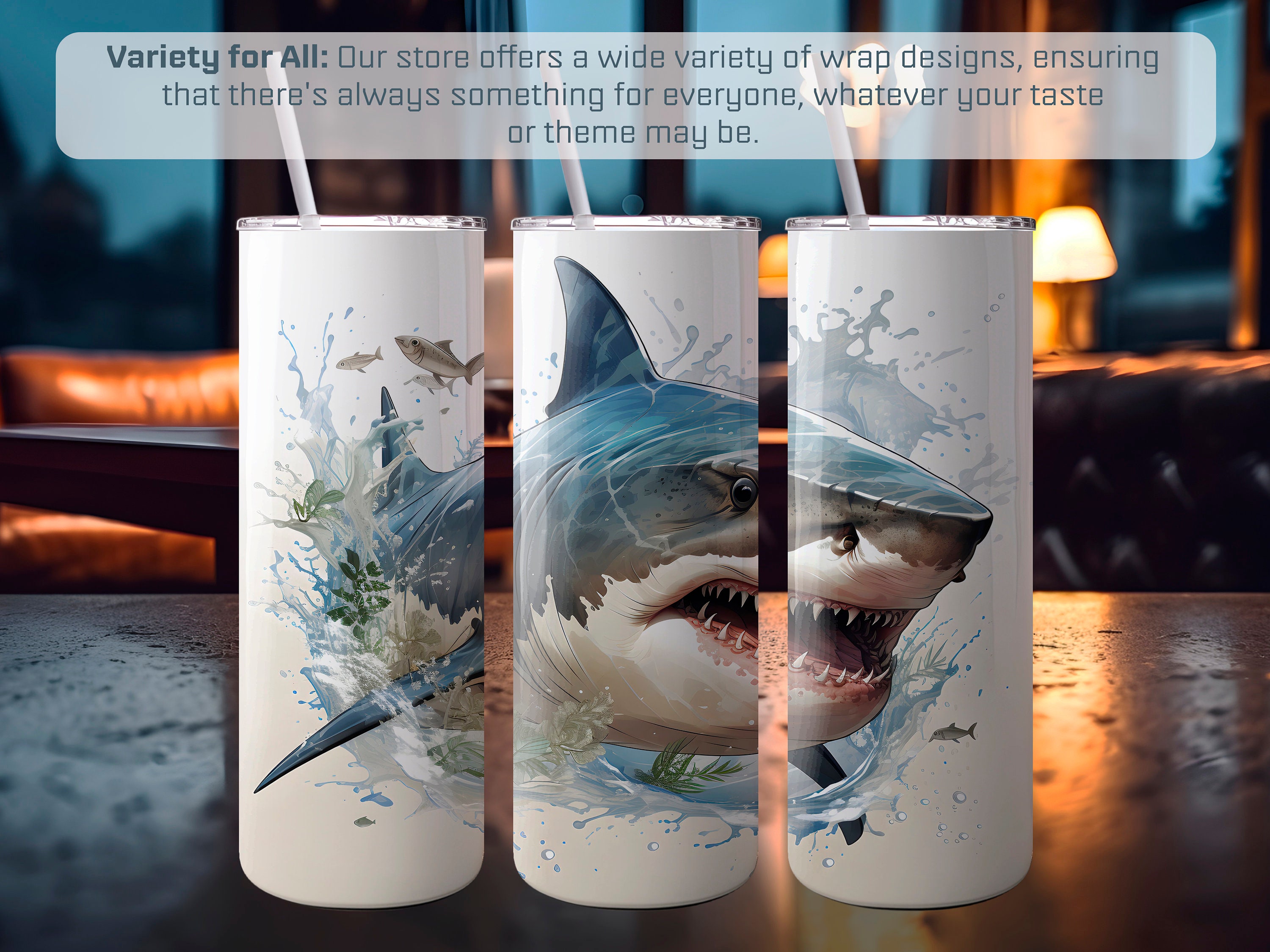 Great White Shark Sublimation Design Template 20oz Skinny Tumbler ...