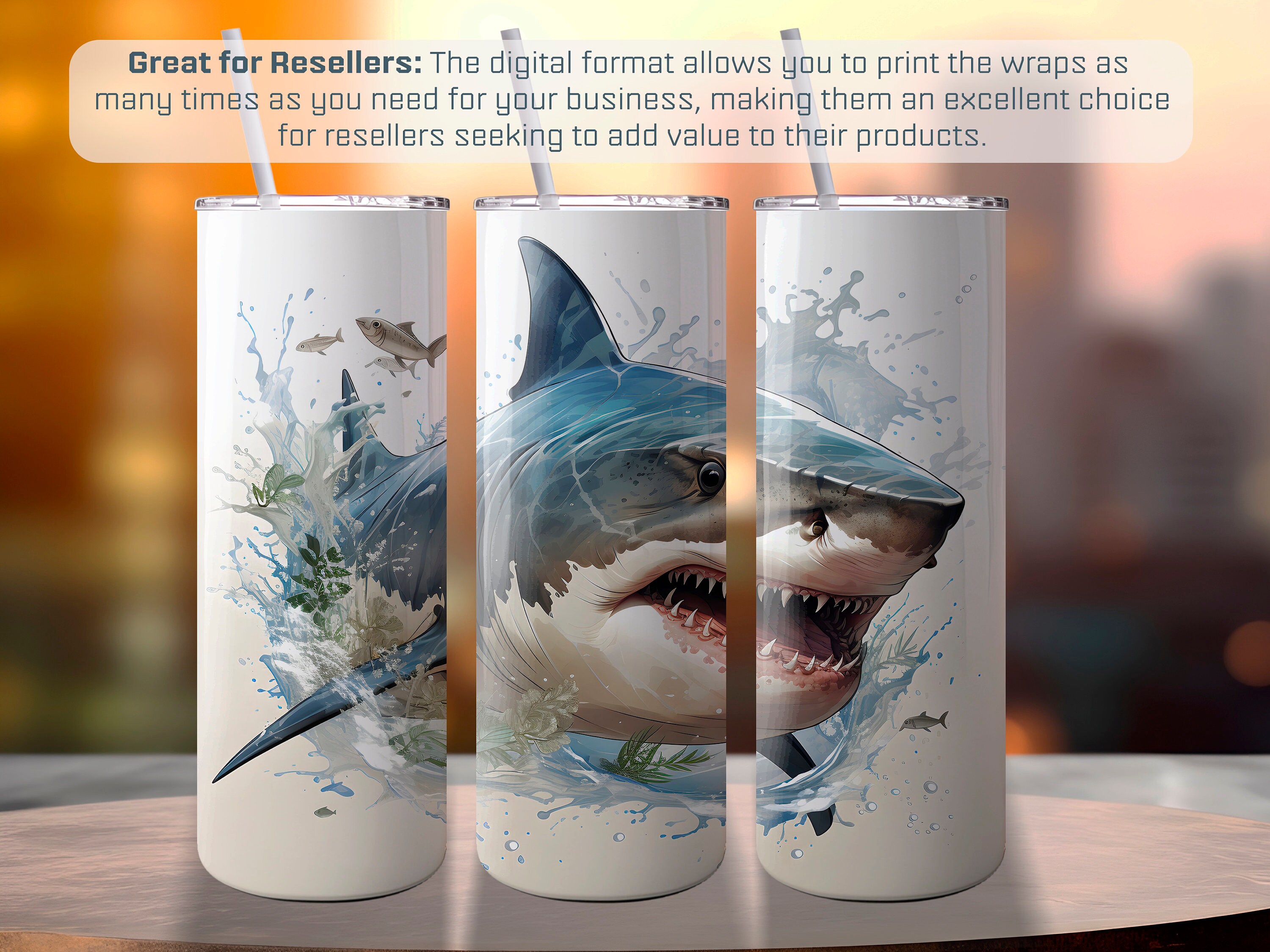 Great White Shark Sublimation Design Template 20oz Skinny Tumbler ...
