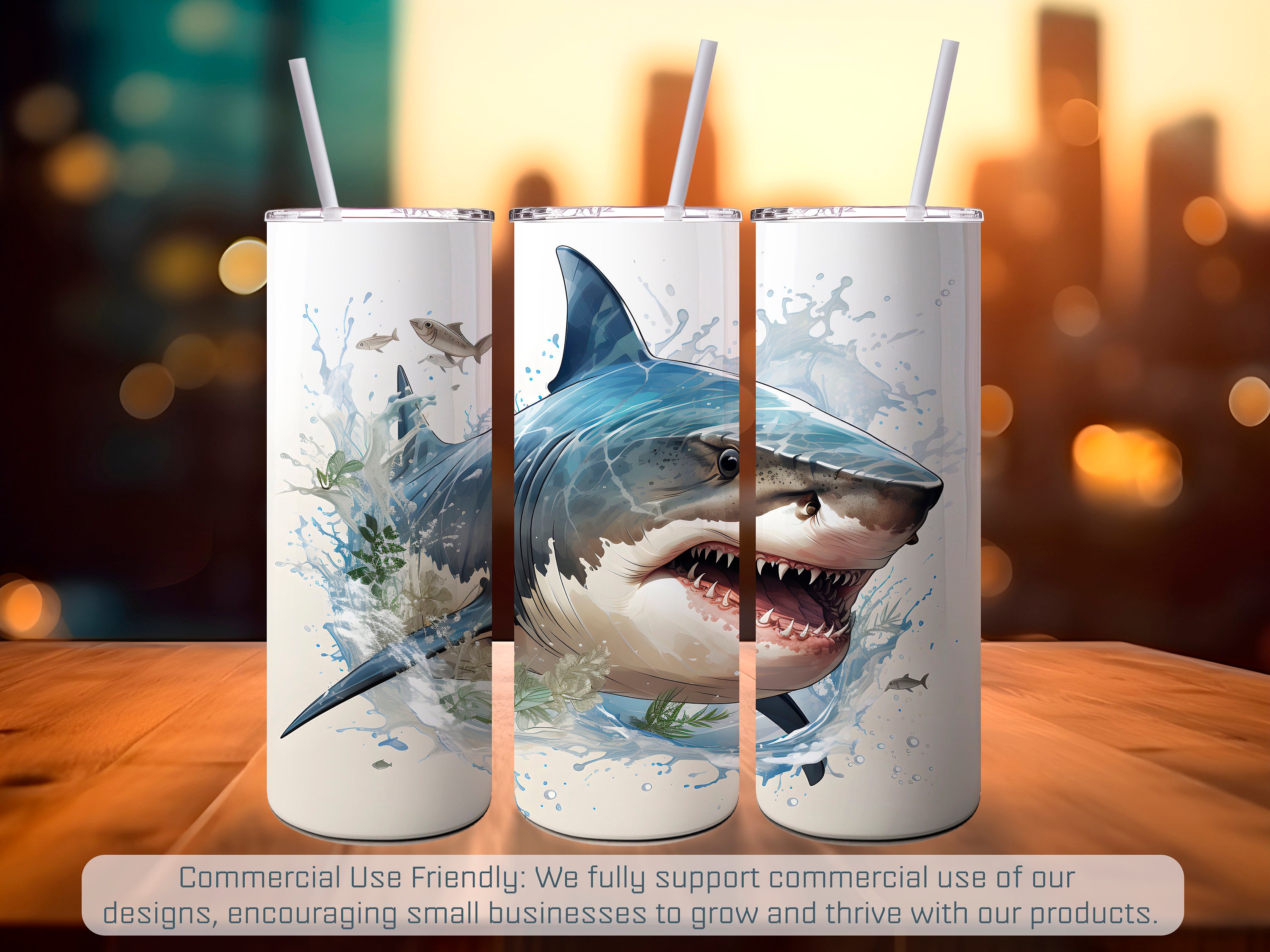 Great White Shark Sublimation Design Template 20oz Skinny Tumbler ...