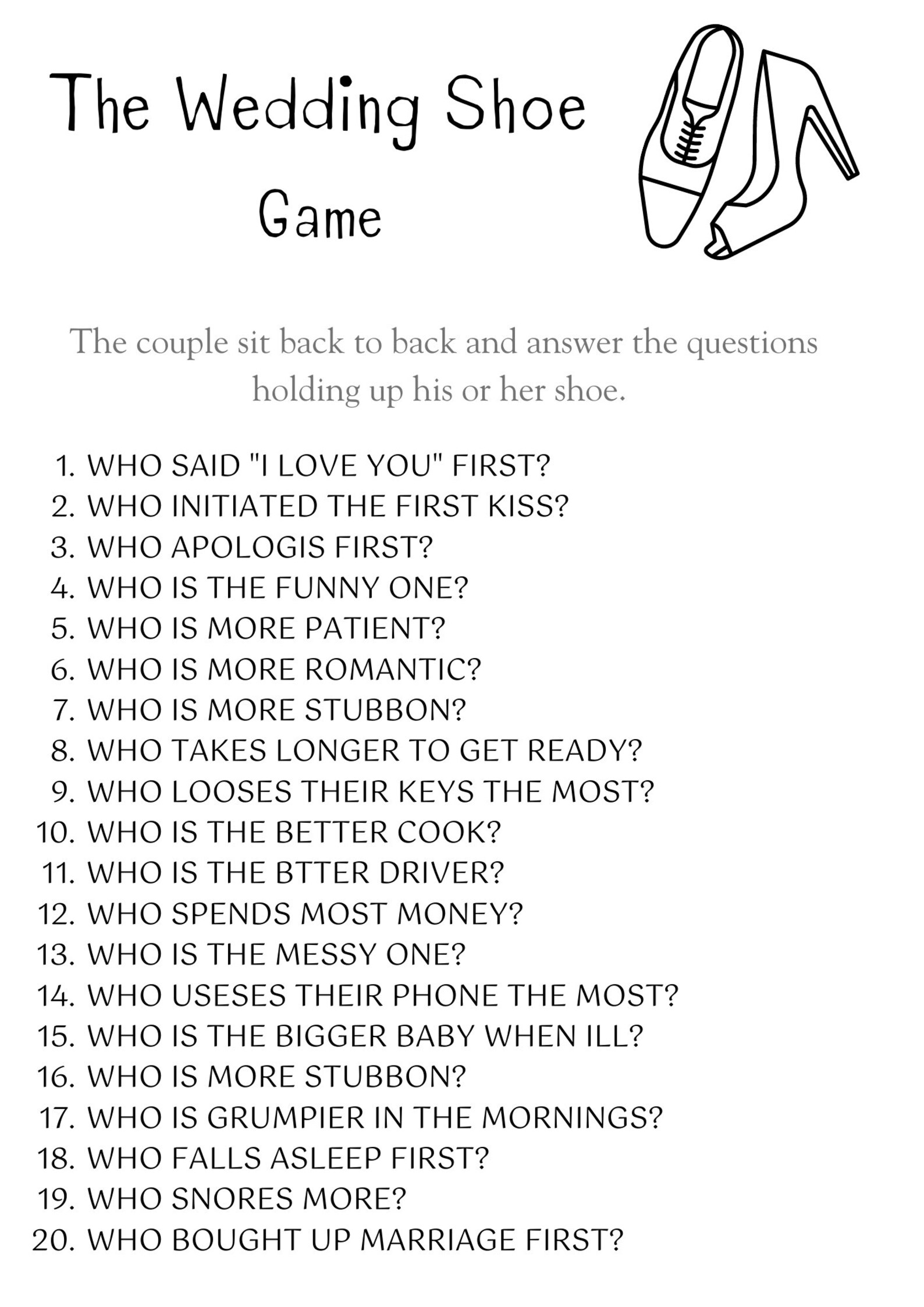 Wedding Shoe Game Activity Who Knows the Bride and Groom Best Quiz. - Etsy