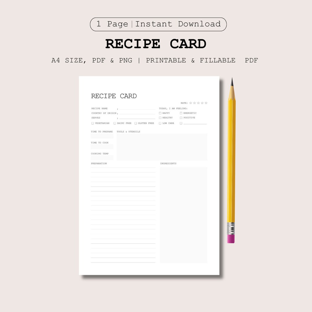 Minimalist Recipe Card Printable Organize Your Culinary - Etsy