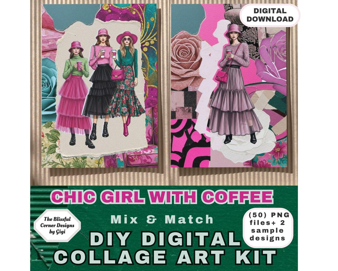 DIY Digital Collage Art Kit| PNG Files| Chic Girl With Coffee| Fashion ...