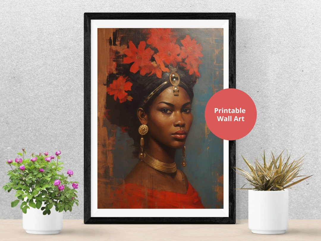 Beautiful Black Woman Wall Art, African American Woman Print Red Fall Leaves, Vintage Black ...
