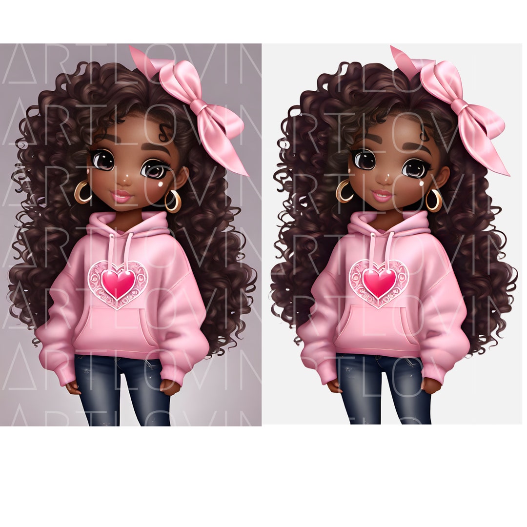 Digital Art Clipart Download Black Chibi Girl Curly Hair Bow - Etsy