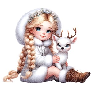 Digital Clipart, Adorable Winter Girls, Girl With Deer, Illustration ...