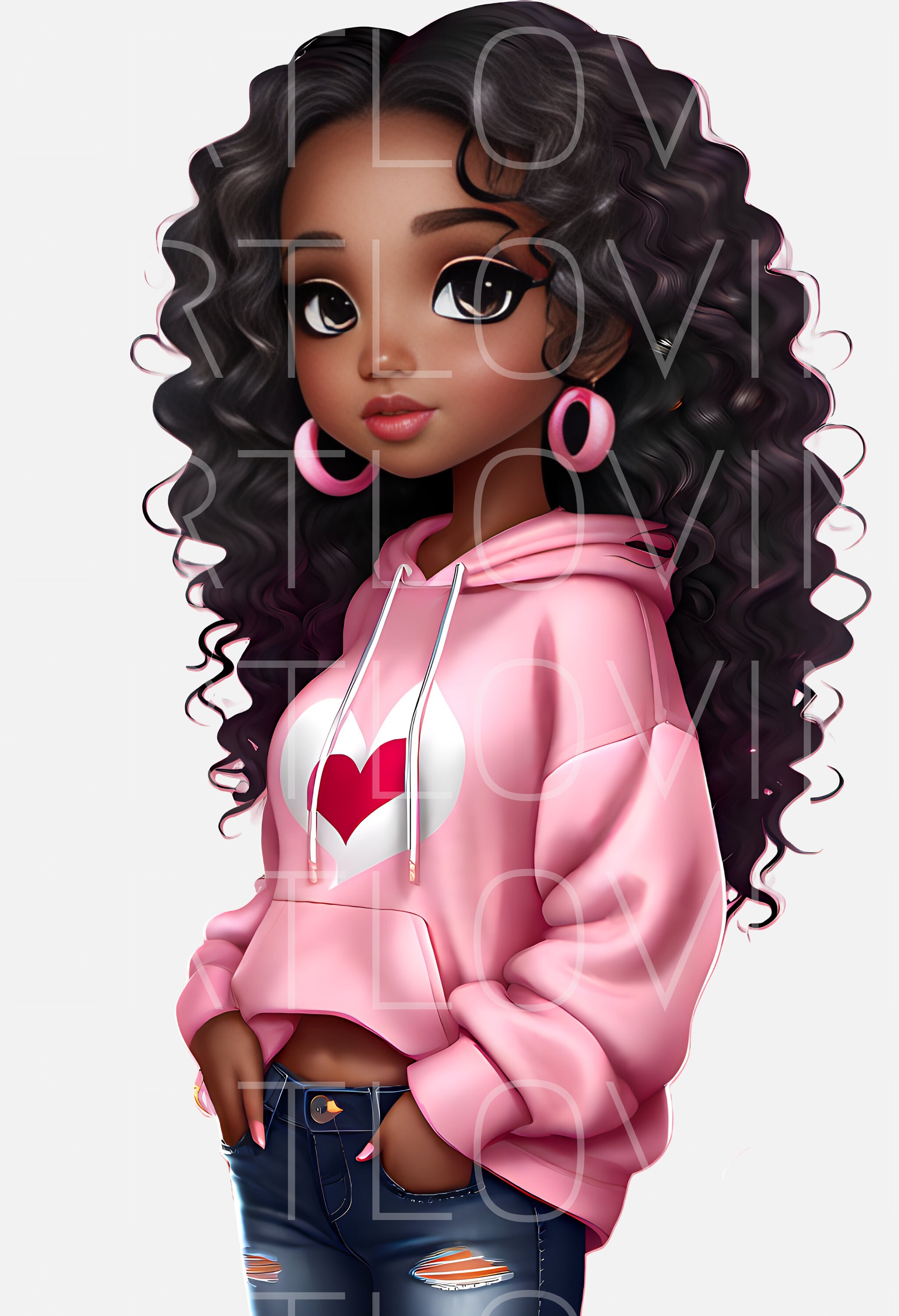 Digital Art Clipart Download Big Eyes Cute Black Chibi Girl Curly Hair ...