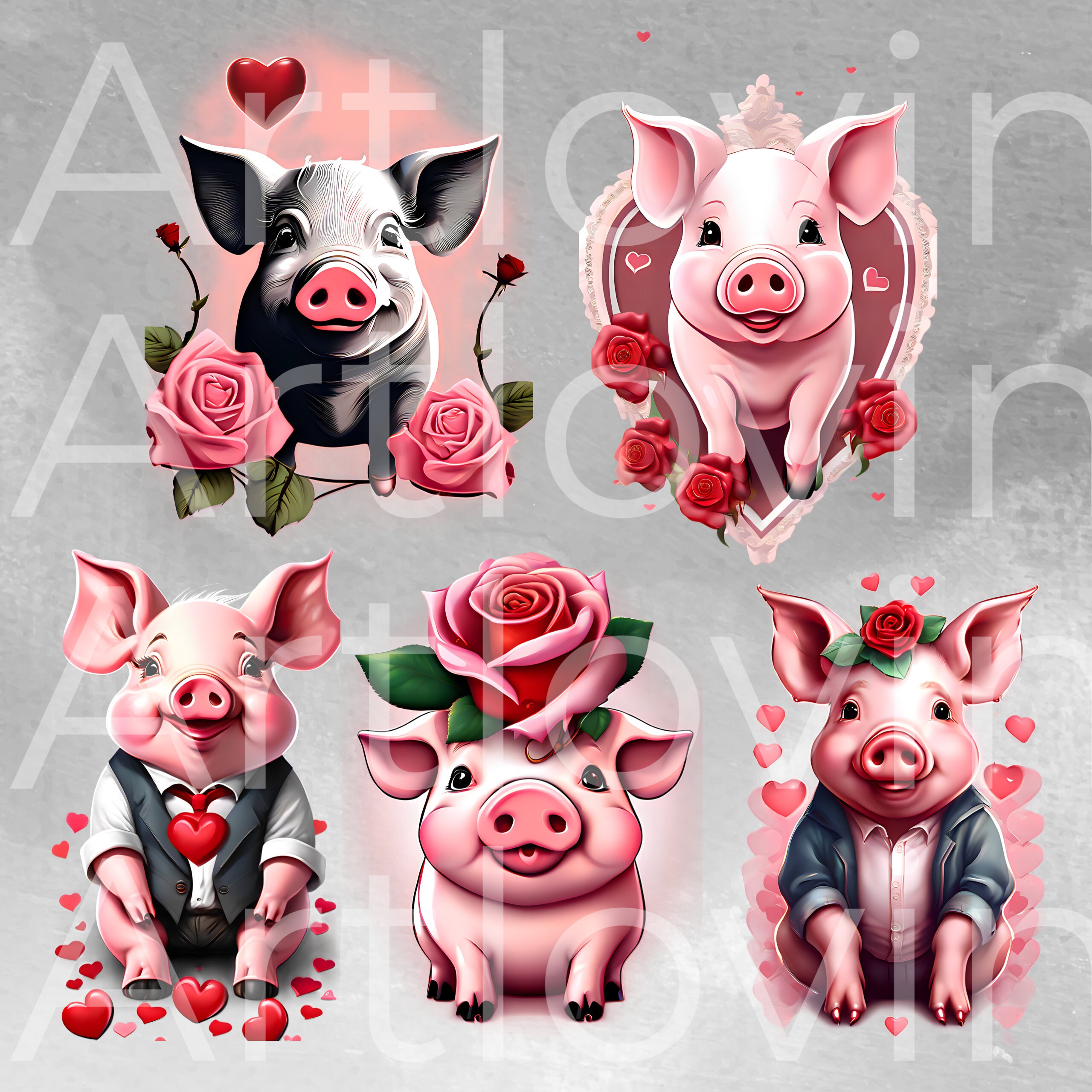 Digital Clipart Cute Love Pigs Hearts Roses Valentines Day - Etsy