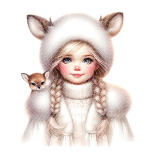 Digital Clipart, Adorable Winter Girls, Girl With Deer, Illustration ...