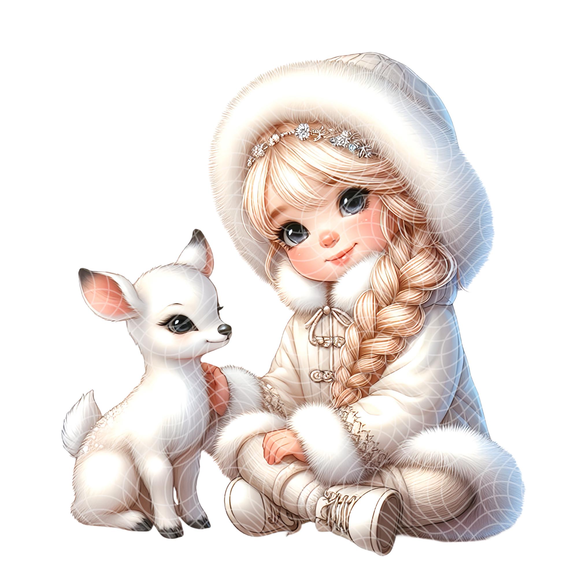Digital Clipart, Adorable Winter Girls, Girl With Deer, Illustration ...