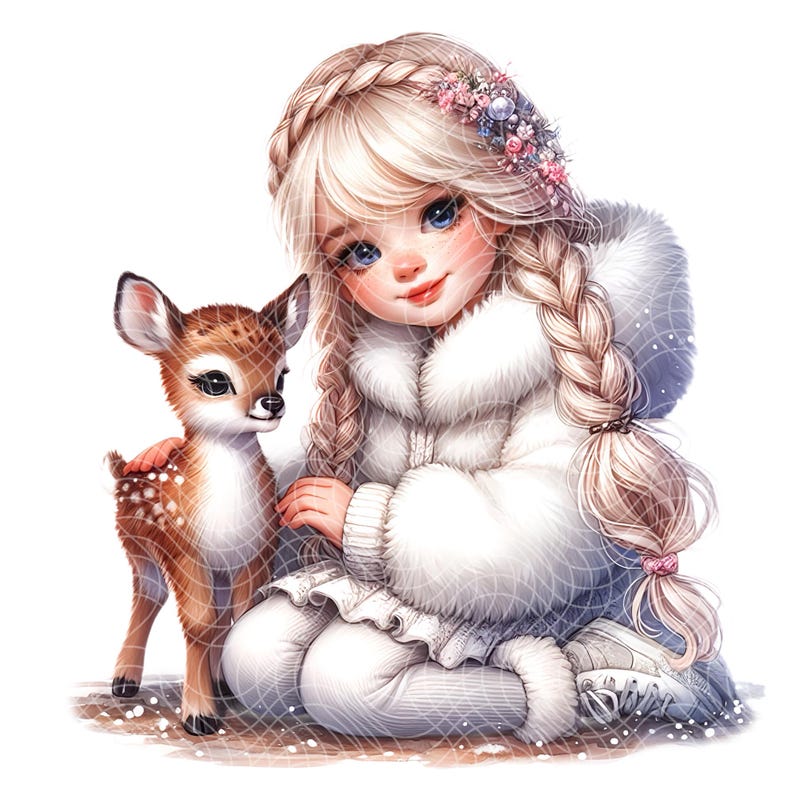 Digital Clipart, Adorable Winter Girls, Girl With Deer, Illustration ...