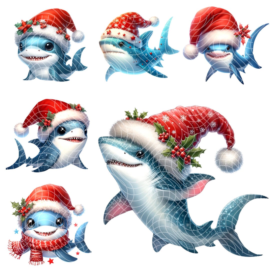 Digital Clipart Watercolor, Christmas Shark, Winter Shark, Winter ...