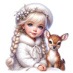 Digital Clipart, Adorable Winter Girls, Girl With Deer, Illustration ...