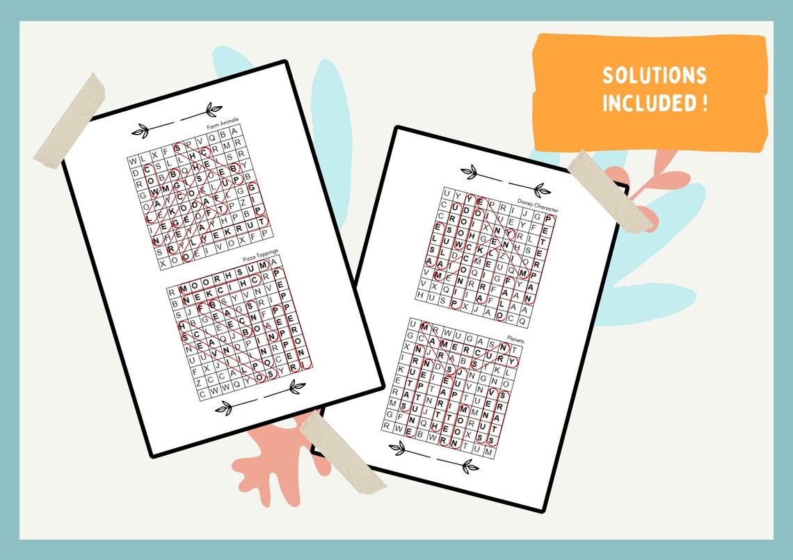 12 Fun Printable Word Search Puzzle Pack for Kids L Includes Solutions ...