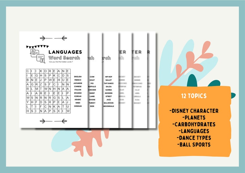 12 Fun Printable Word Search Puzzle Pack for Kids L Includes Solutions ...