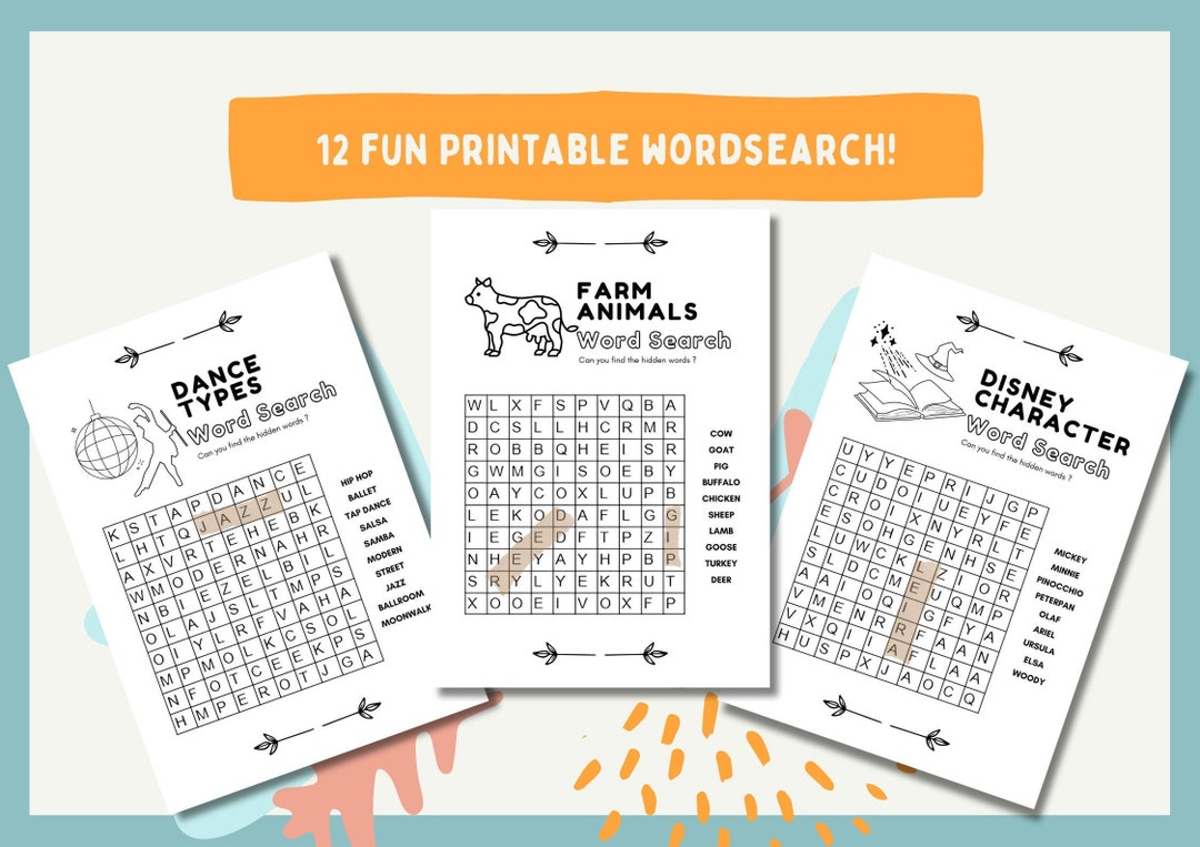12 Fun Printable Word Search Puzzle Pack for Kids L Includes Solutions ...