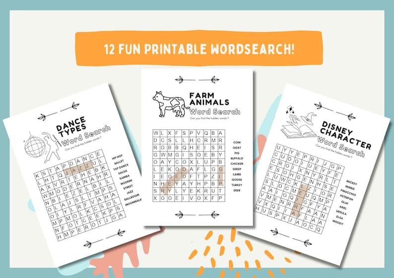 12 Fun Printable Word Search Puzzle Pack for Kids L Includes Solutions ...