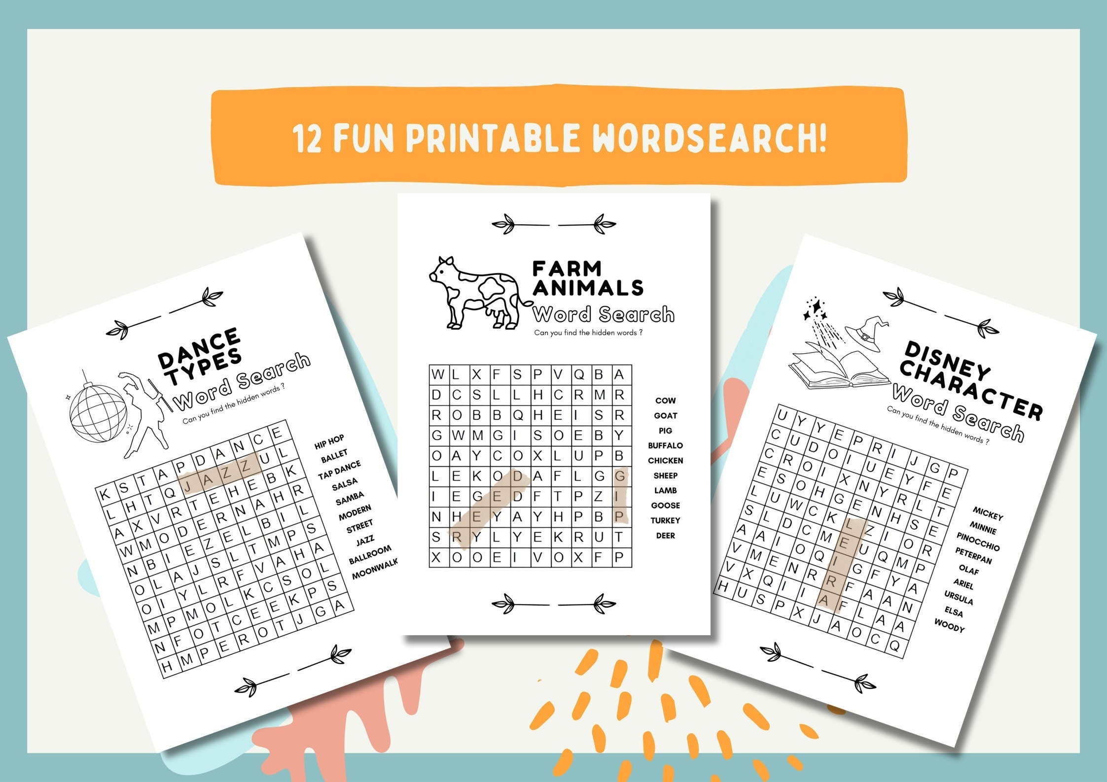 12 Fun Printable Word Search Puzzle Pack for Kids L Includes Solutions ...