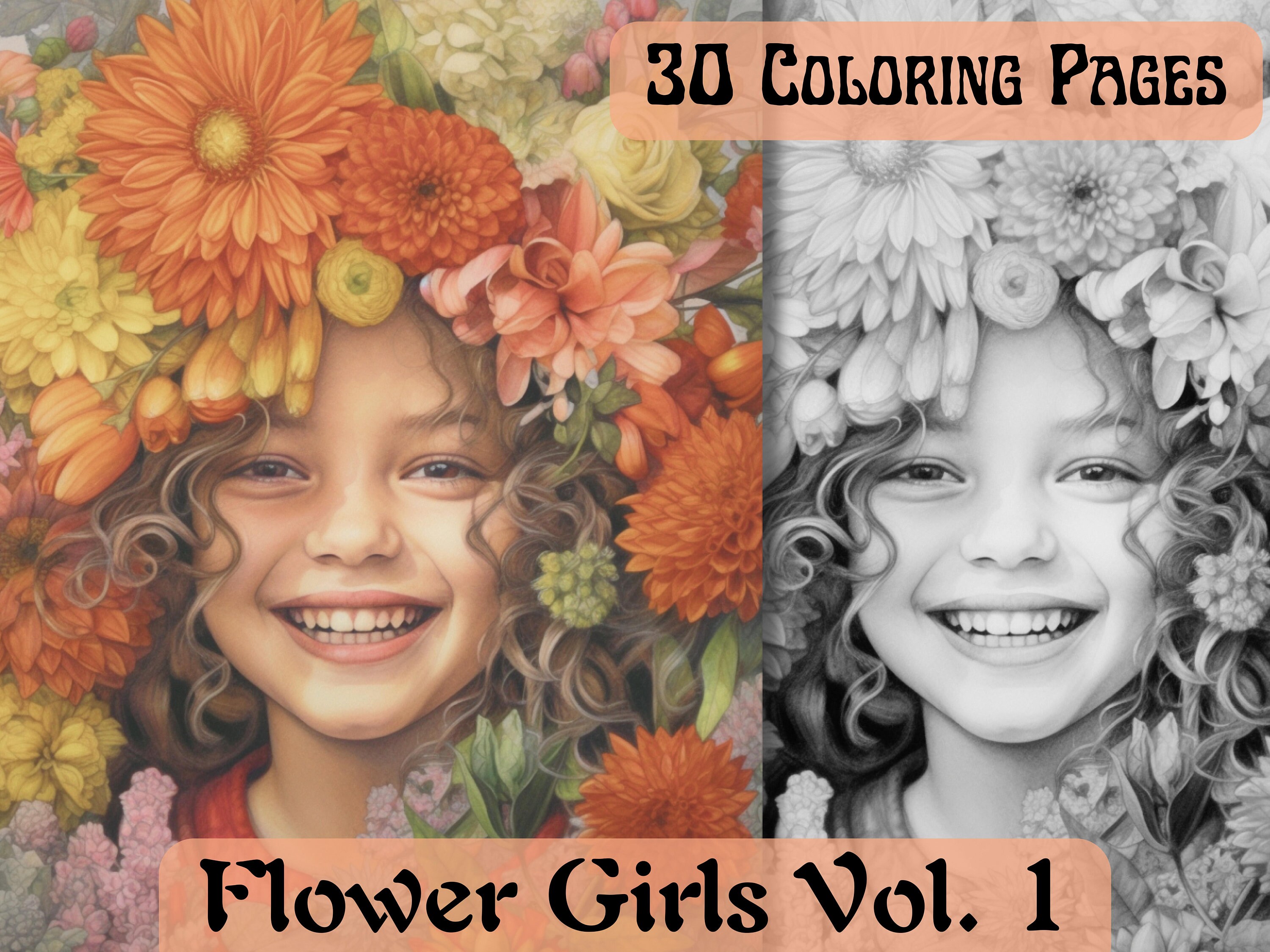 Flower Girls Vol. 1 Grayscale Coloring Set Printable Digital Download ...