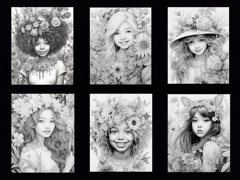 Flower Girls Vol. 1 Grayscale Coloring Set | Printable Digital Download ...