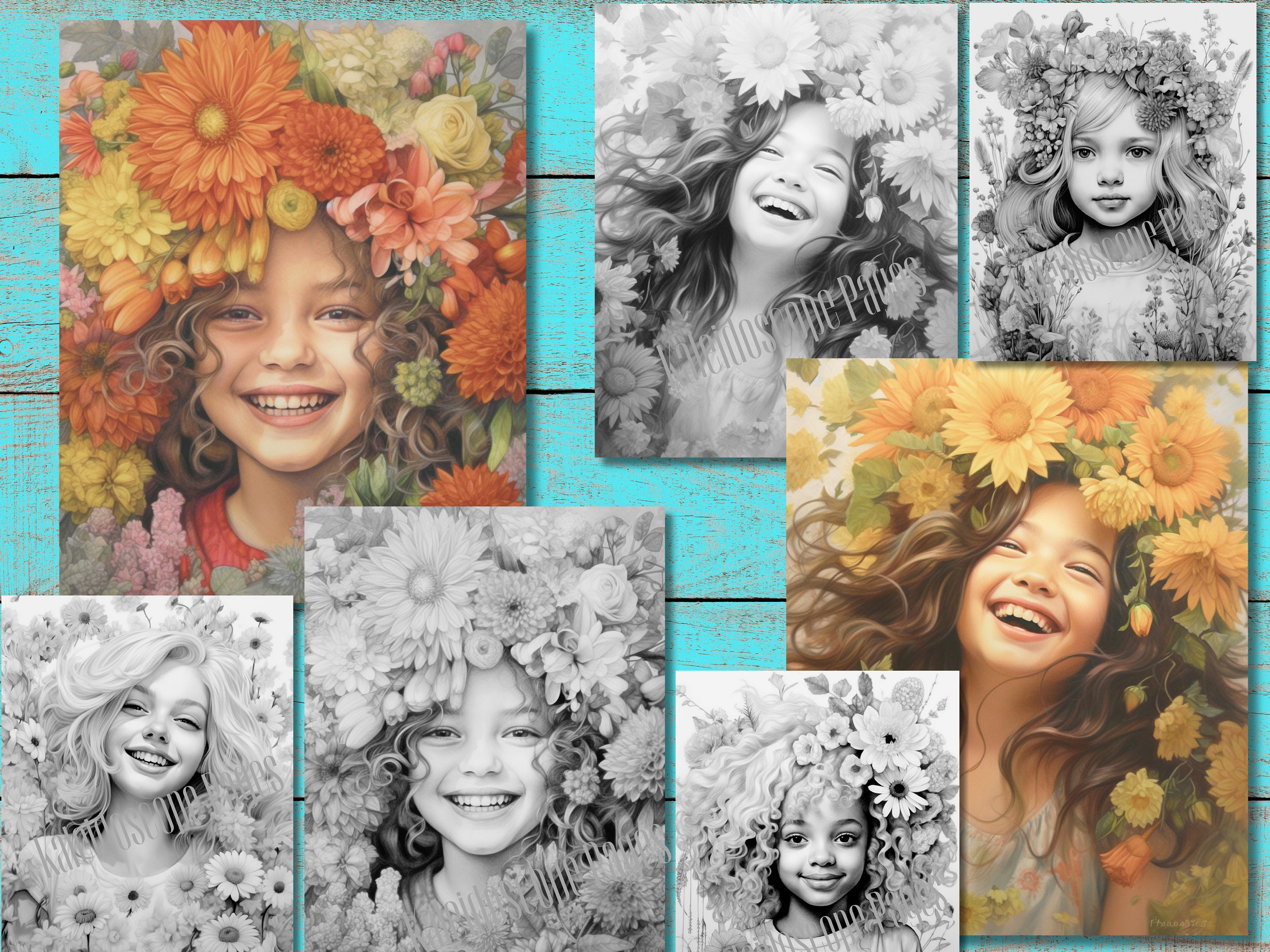 Flower Girls Vol. 1 Grayscale Coloring Set Printable Digital Download ...