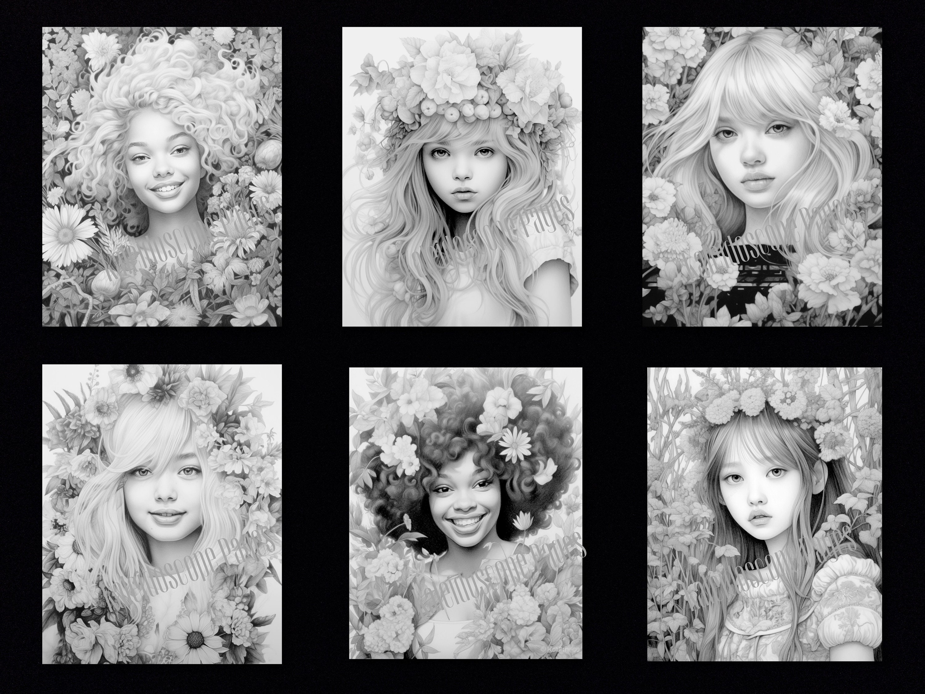 Flower Girls Vol. 1 Grayscale Coloring Set | Printable Digital Download ...