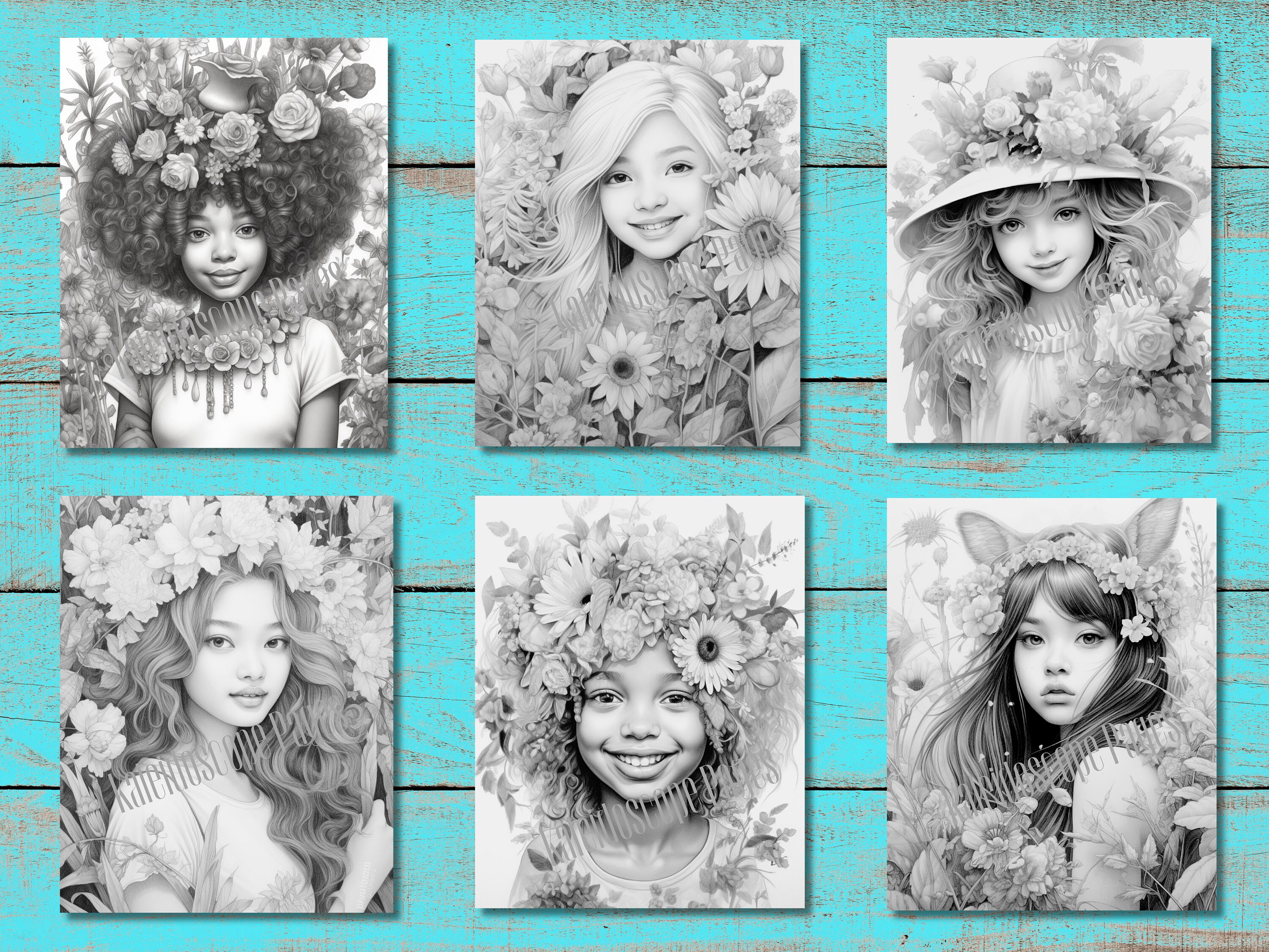 Flower Girls Vol. 1 Grayscale Coloring Set Printable Digital Download ...