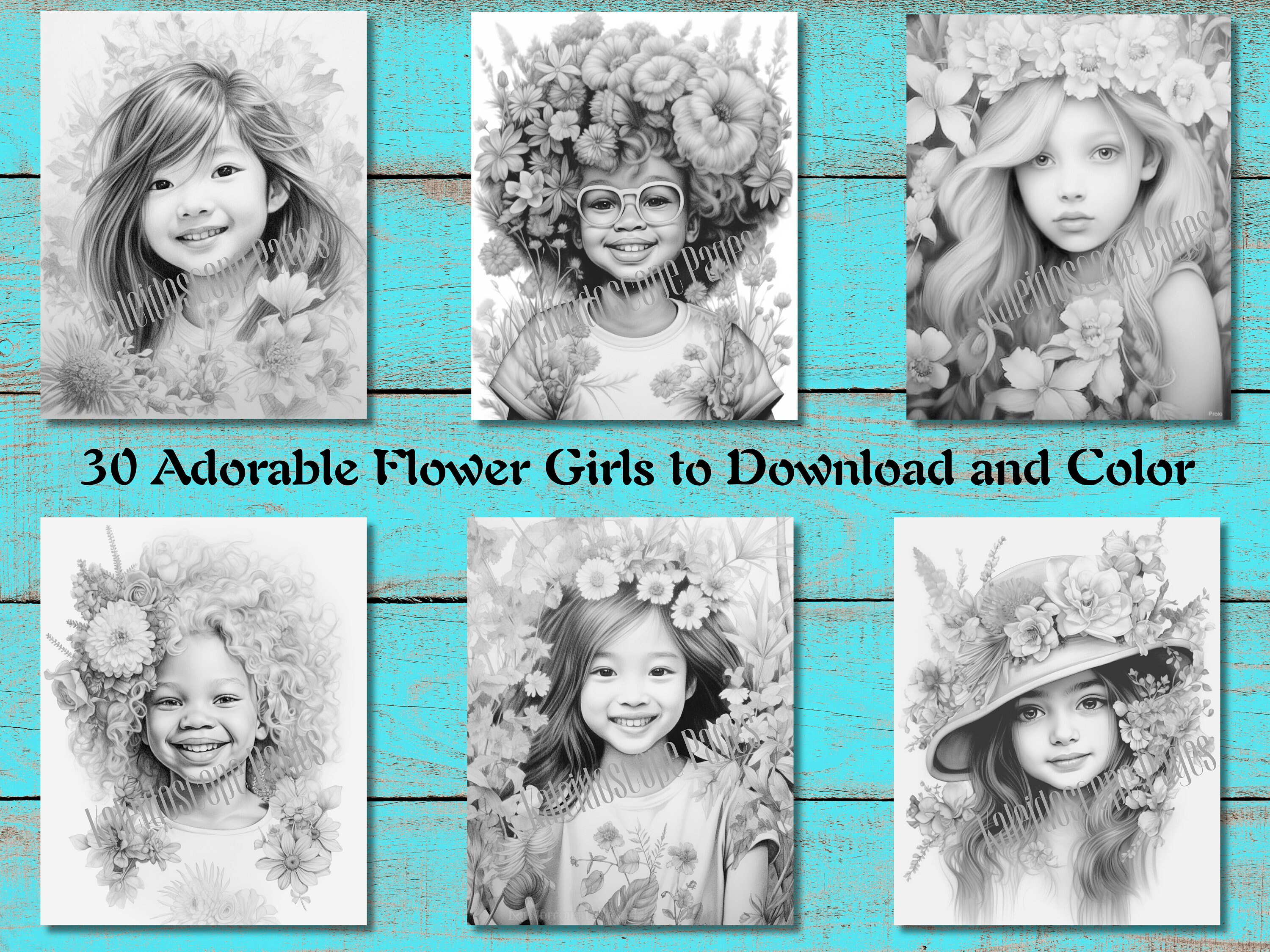 Flower Girls Vol. 1 Grayscale Coloring Set Printable Digital Download ...