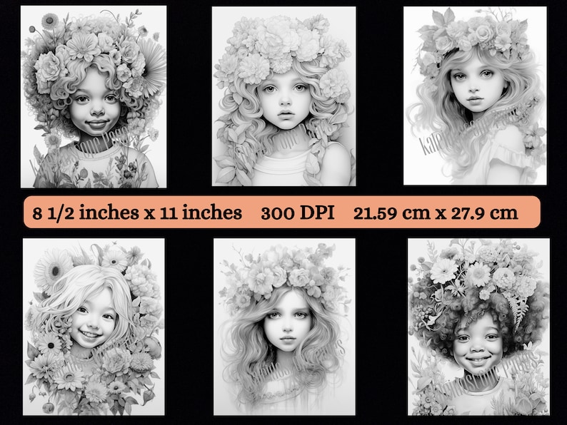 Flower Girls Vol. 1 Grayscale Coloring Set | Printable Digital Download ...