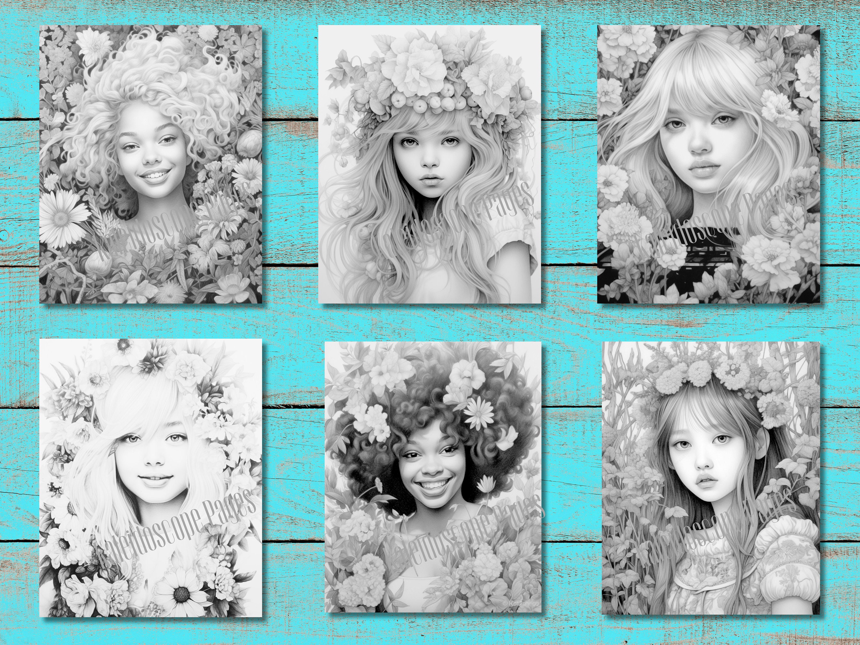 Flower Girls Vol. 1 Grayscale Coloring Set Printable Digital Download ...
