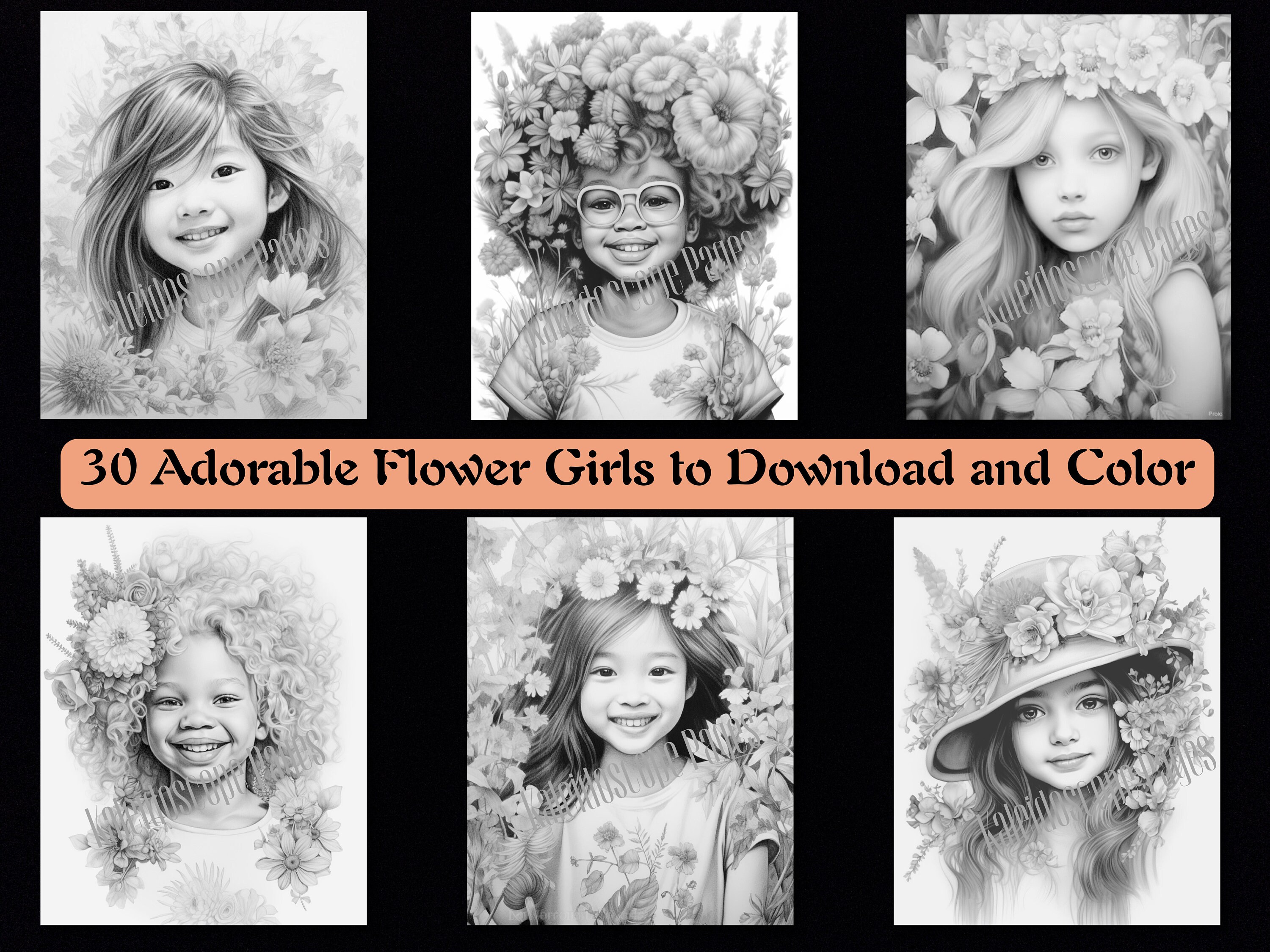 Flower Girls Vol. 1 Grayscale Coloring Set Printable Digital Download ...
