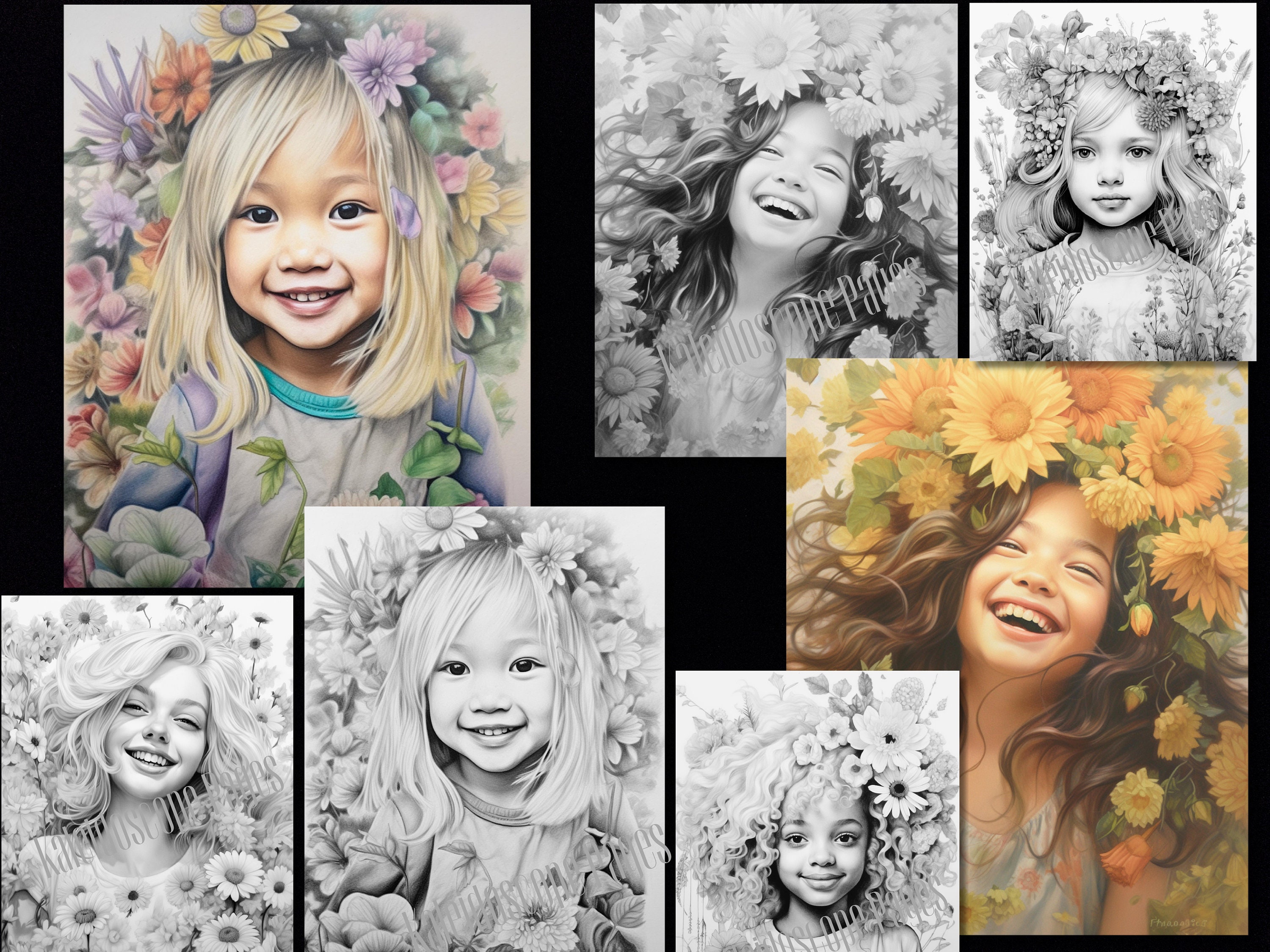Flower Girls Vol. 1 Grayscale Coloring Set | Printable Digital Download ...