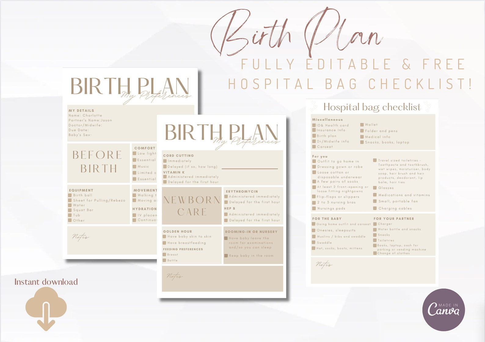 Birth Plan Template, Pink Natural Birth Pan Editable and Printable FREE ...
