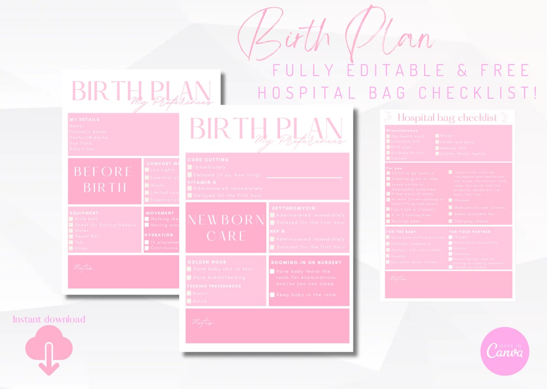 Birth Plan Template, Pink Natural Birth Pan Editable and Printable FREE ...