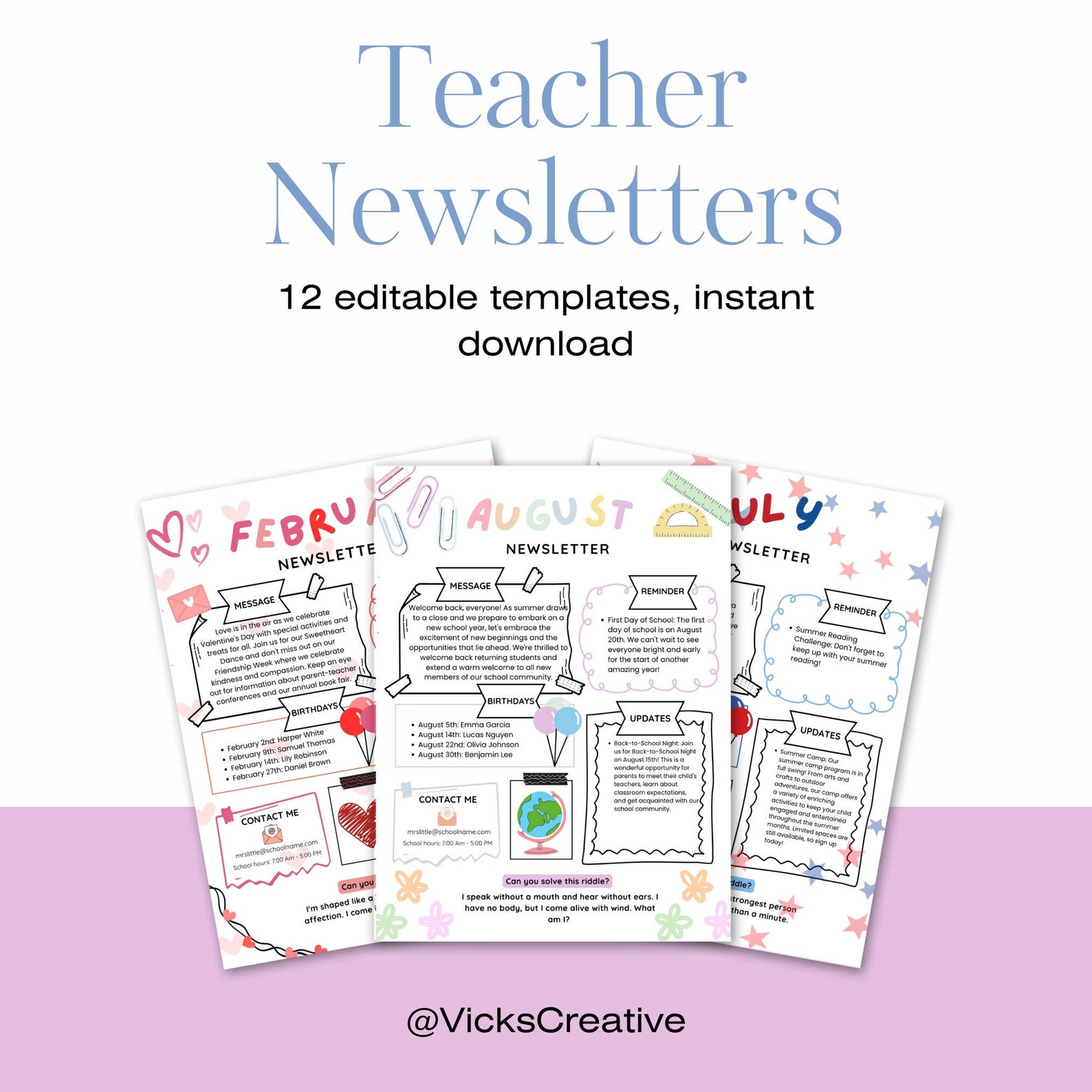 Newsletter Template, Editable Newsletter, Monthly Newsletter, School ...