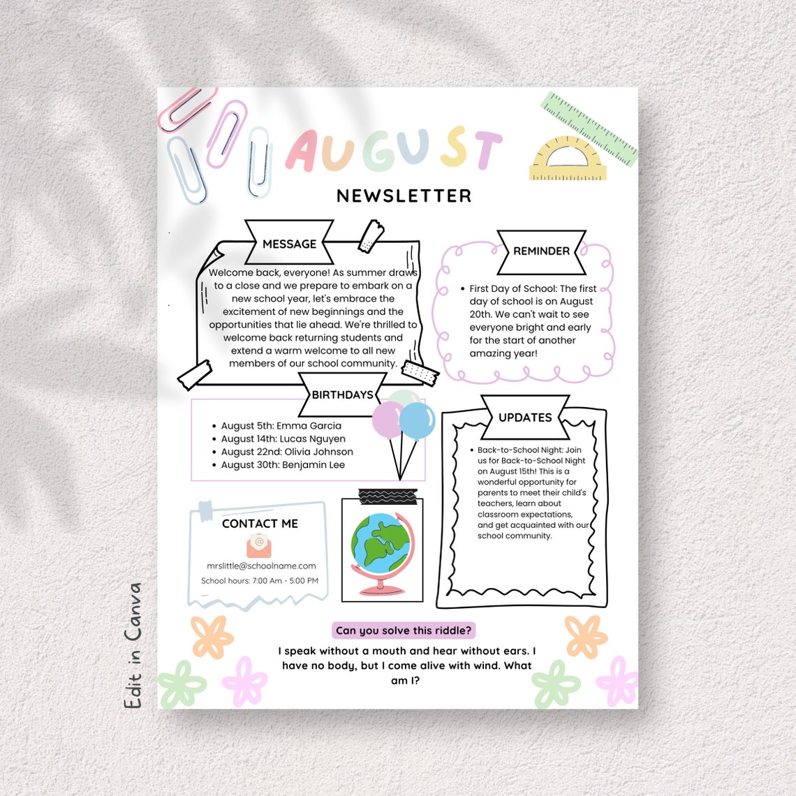 Newsletter Template, Editable Newsletter, Monthly Newsletter, School ...